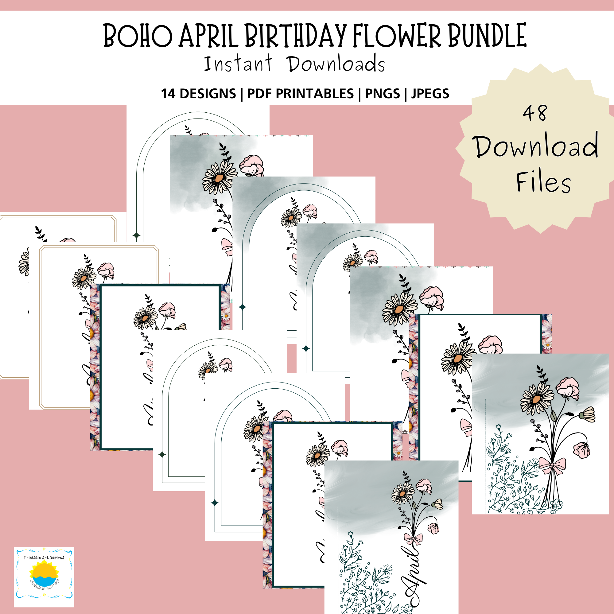 Boho April Birthday Flower Printable Art Bundle — 84 File Digital Down ...